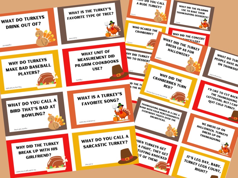 Turkey Joke Cards, Thanksgiving Conversation Starters, Printable Fall ...