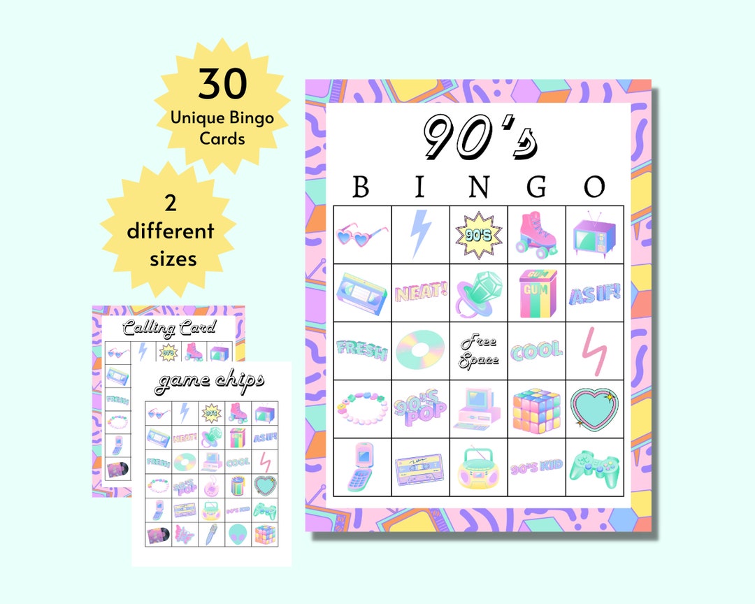 90's Bingo Cards, Retro 1990's Birthday Party Game, Printable Neon ...