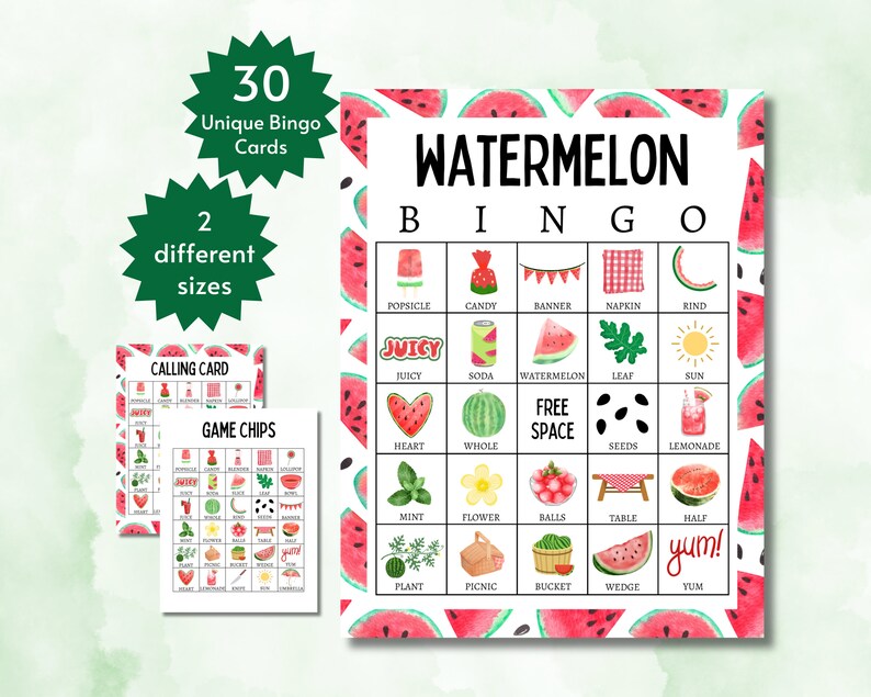 Watermelon Bingo Cards, Printable Summer Party Game for Kids and Adults ...