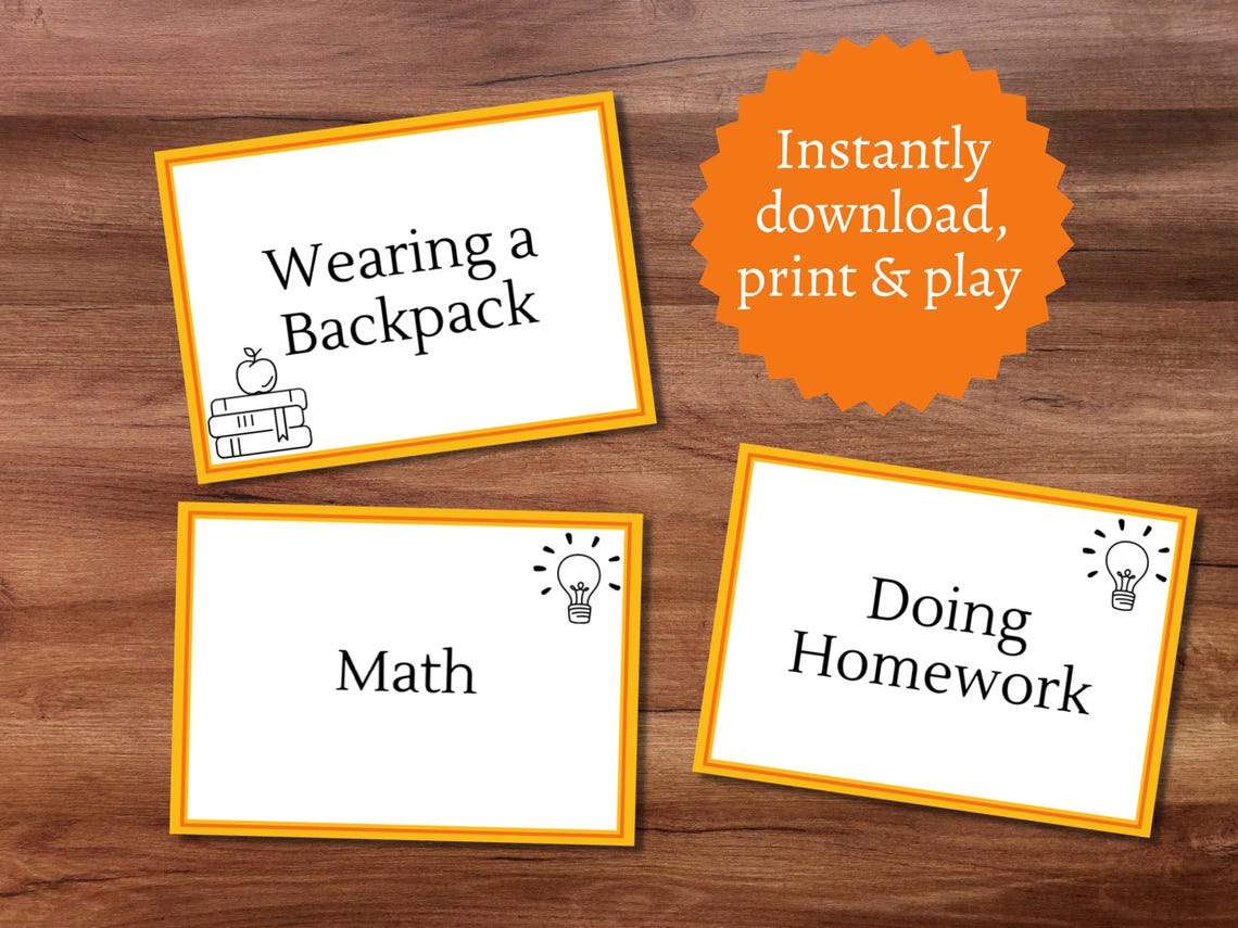Back to School Pictionary Cards, Printable Classroom Charades, School ...