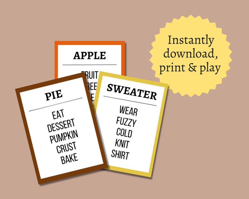Fall Taboo Game, Printable Thanksgiving Activity, Autumn Party Game for ...