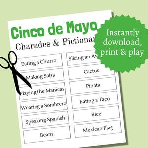 Cinco De Mayo Charades, Printable Cinco De Mayo Pictionary Cards, May ...