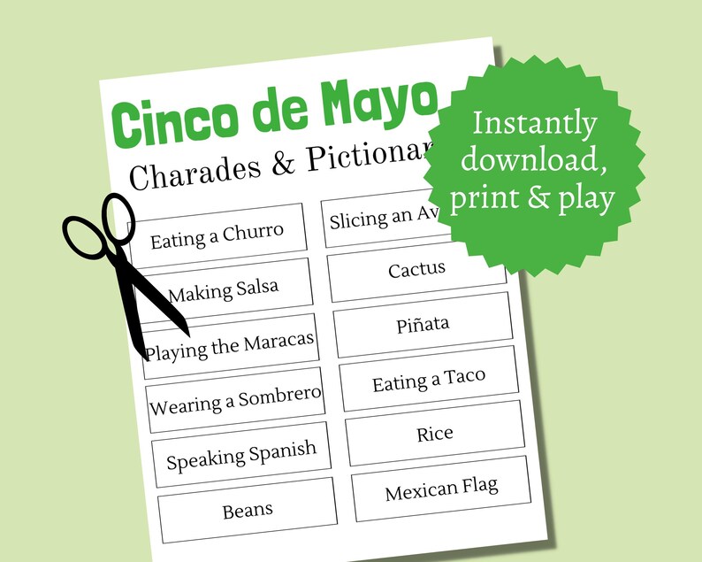 Cinco De Mayo Charades, Printable Cinco De Mayo Pictionary Cards, May ...