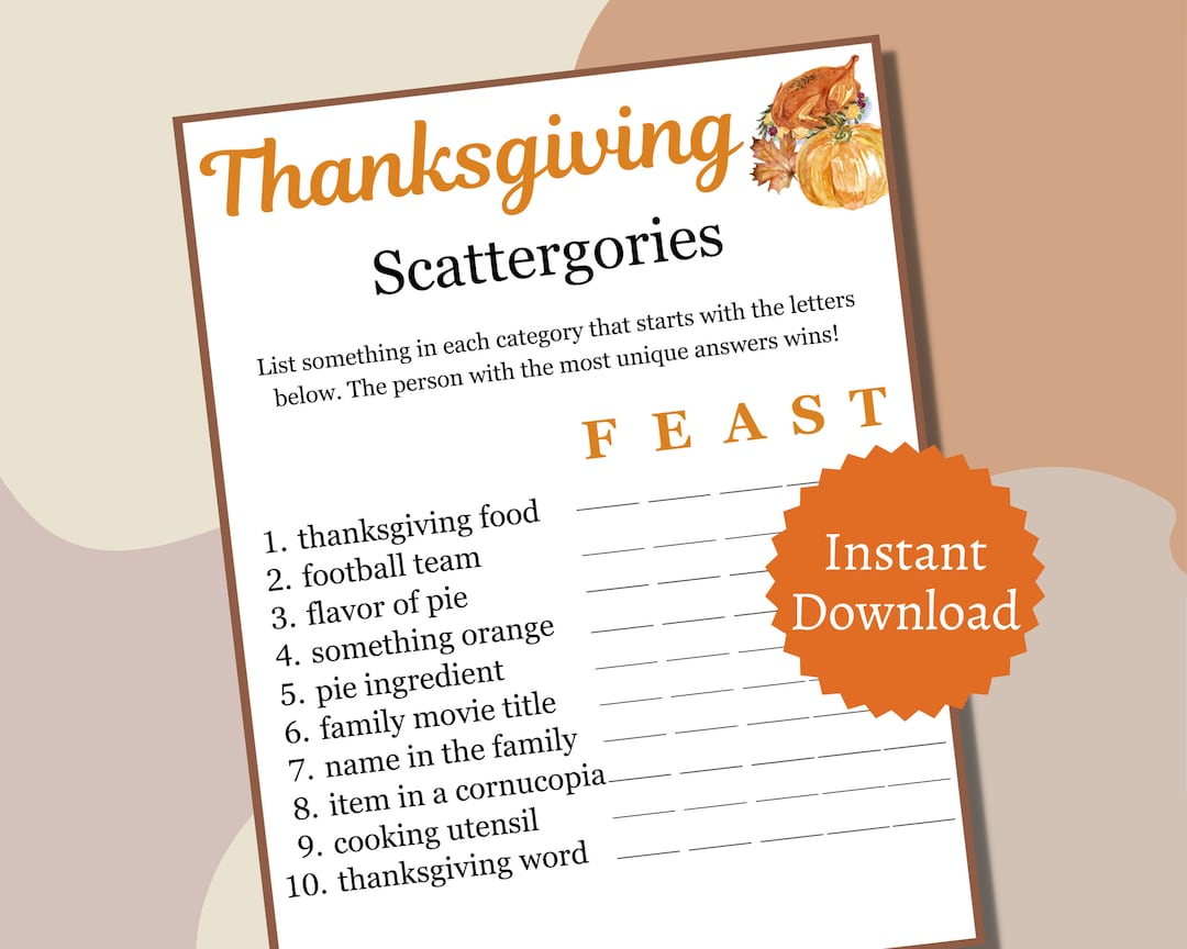 Thanksgiving Scattergories, Printable Thanksgiving Party Game for Teens ...