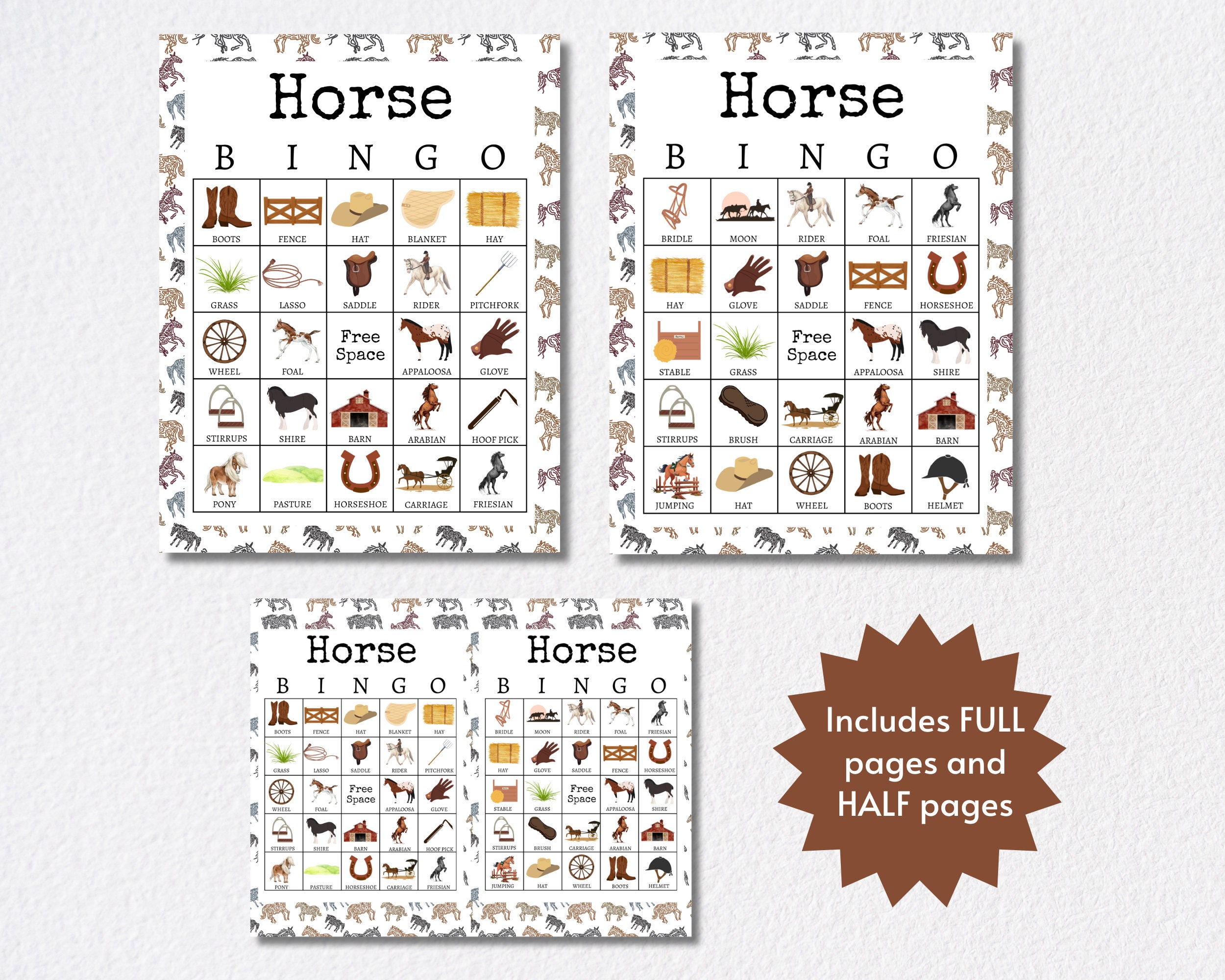 Horse Bingo Cards, Printable Wild West Party Game, Full and Half Pages ...