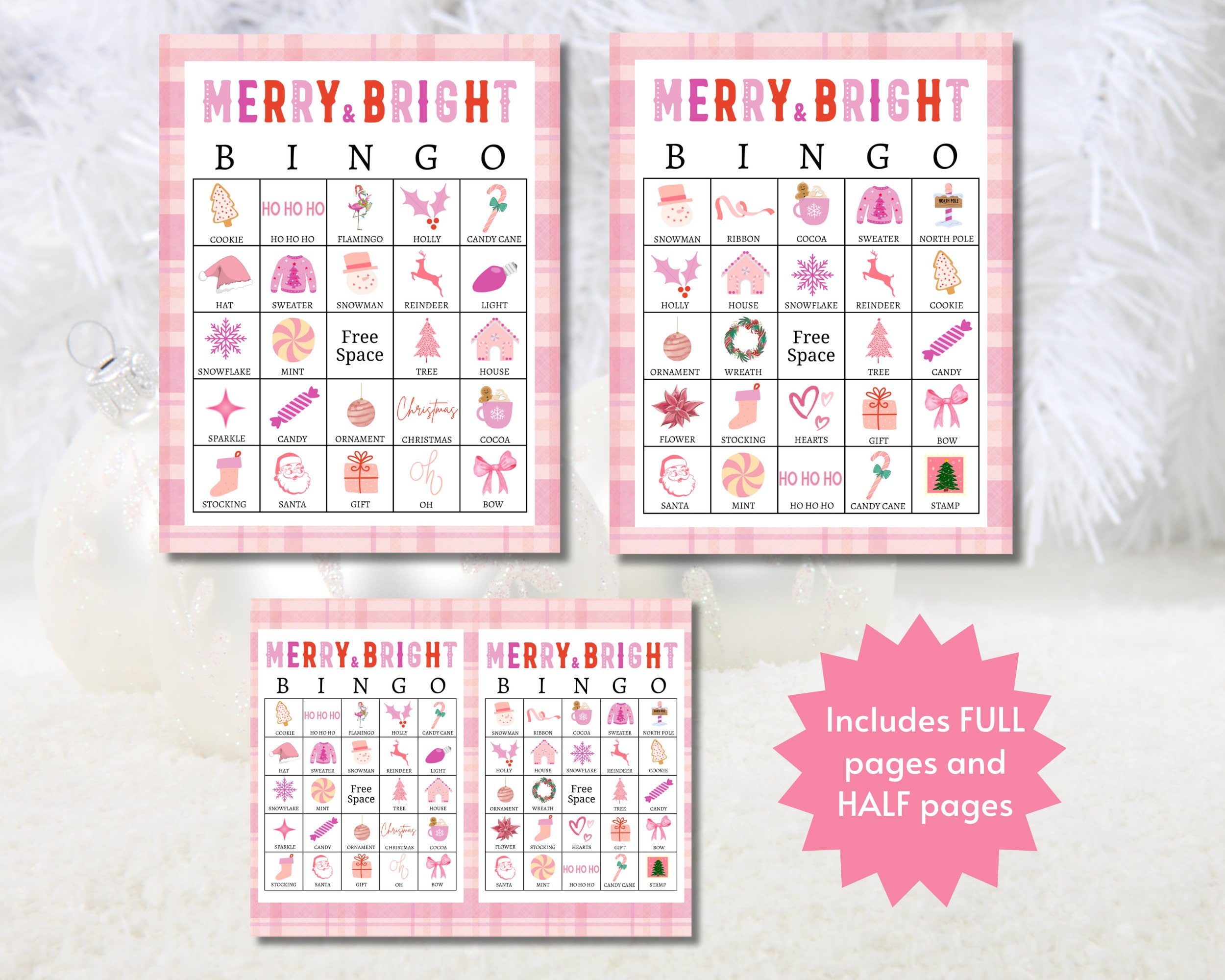 Pink Christmas Party Game, Printable Holiday Bingo Cards, Merry and ...