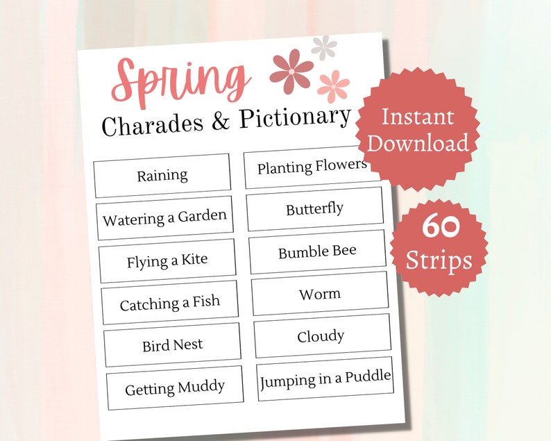 Spring Charades and Pictionary Cards, Printable Springtime Party Game ...