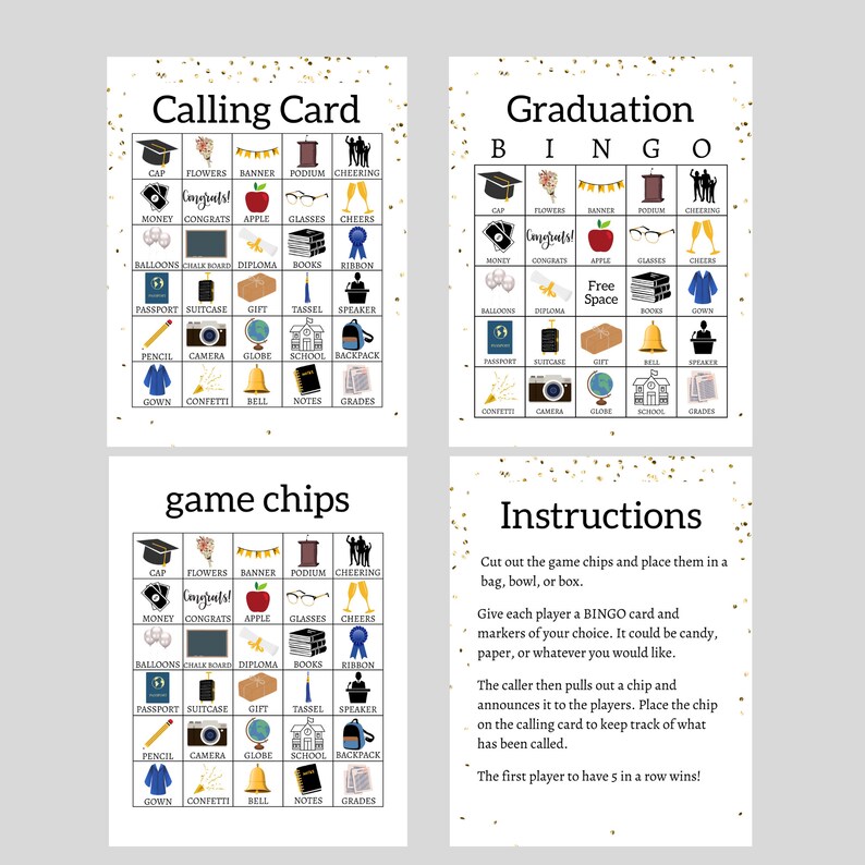 Graduation Bingo Cards, Printable Grad Party Game for Kids, Teens, and ...