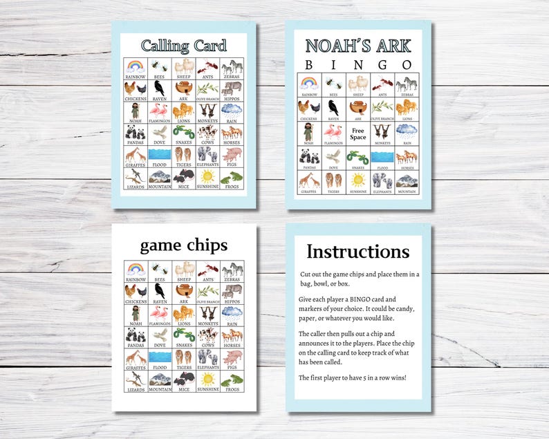 Noah's Ark Bingo Cards, Bible Stories Party Game for Kids, Teens, and ...