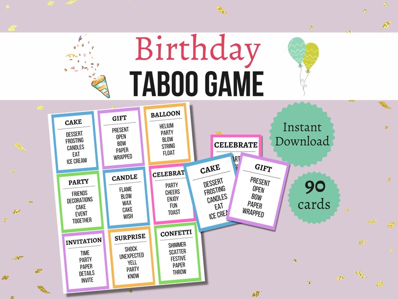 Birthday Taboo Game Cards, Printable Birthday Party Game for Kids ...