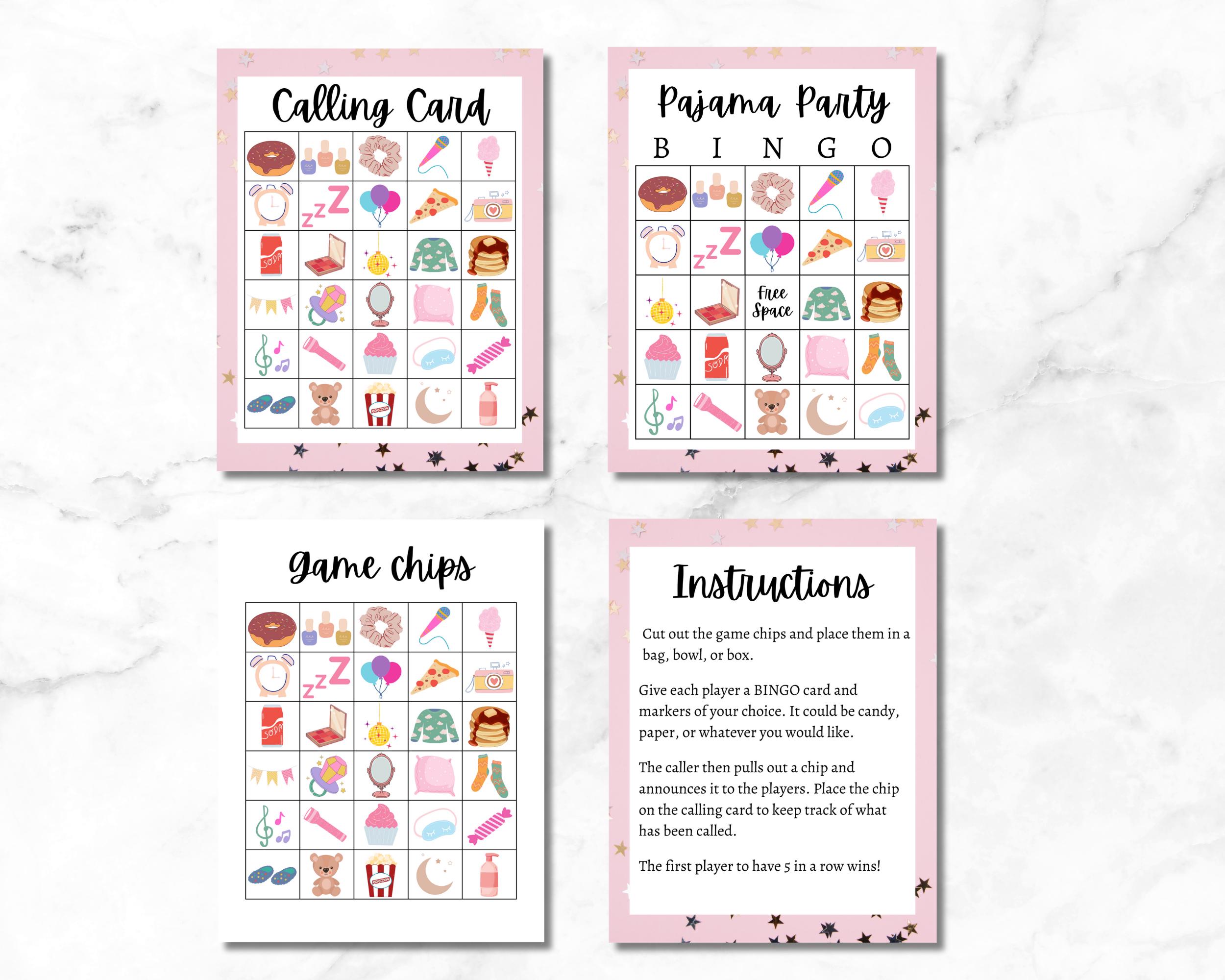 Pajama Party Bingo Cards, Printable Slumber Party Game for Kids, Girls ...