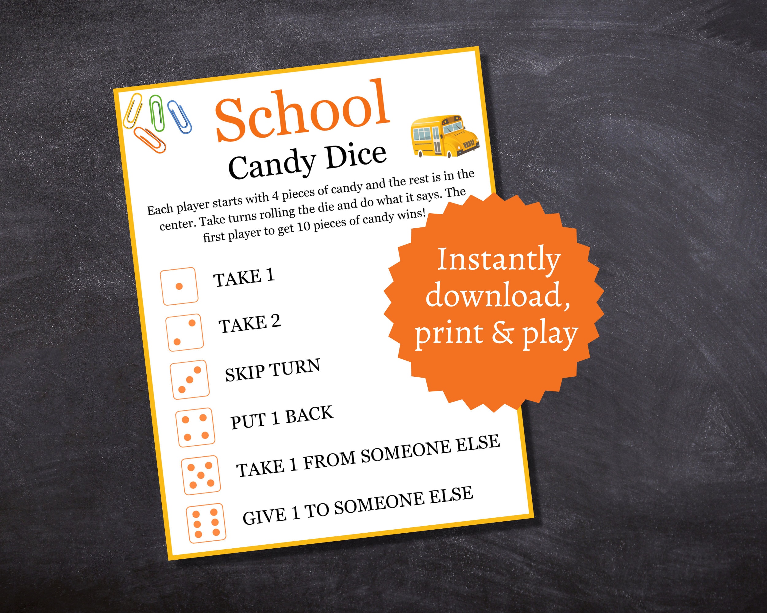 School Candy Dice Game, Printable Back to School Party Game, Classroom ...