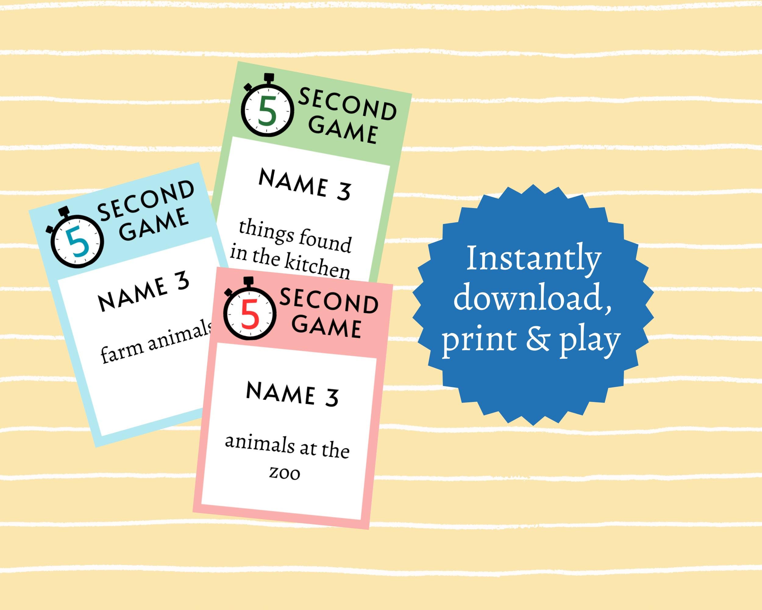Kids 5 Second Game, Printable Think Fast Party Game for Children ...