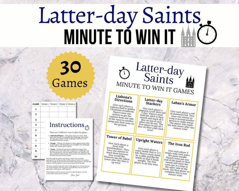 Latter Day Saints Minute to Win It, LDS Games, LDS Printables, LDS ...