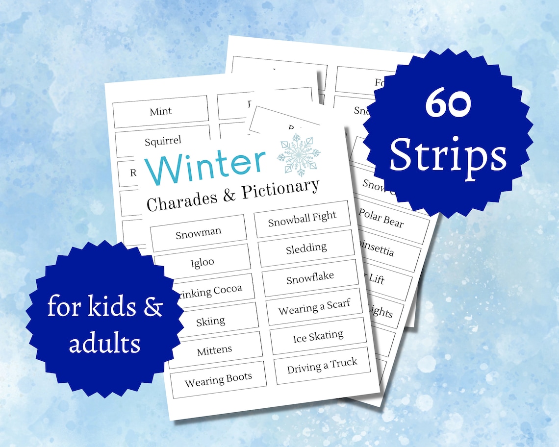 Winter Charades Game, Printable Pictionary Cards, Wintertime Activity ...