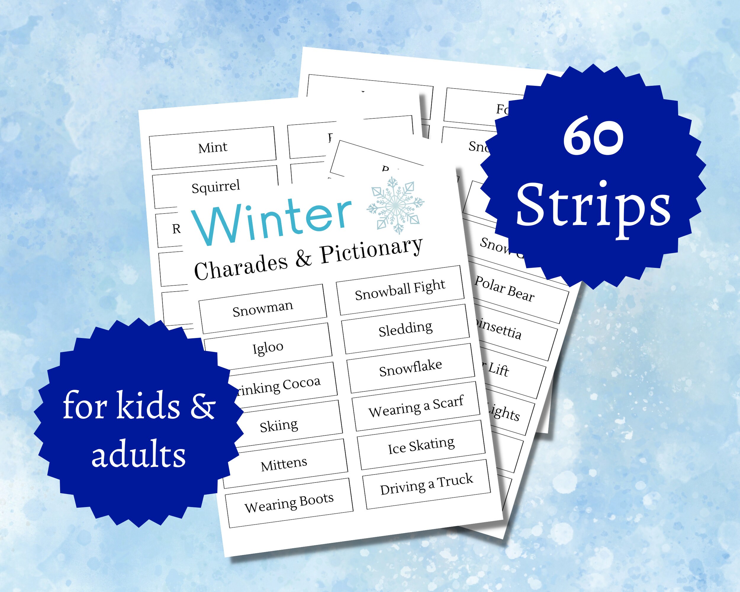 Winter Charades Game, Printable Pictionary Cards, Wintertime Activity ...