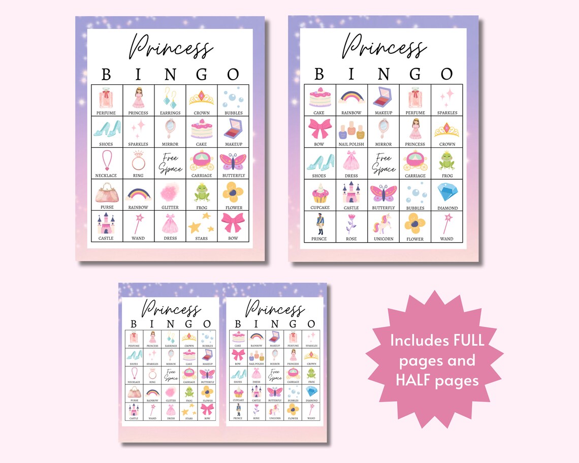 Princess Bingo Cards, Princess Birthday Party Game, Printable Sleepover ...