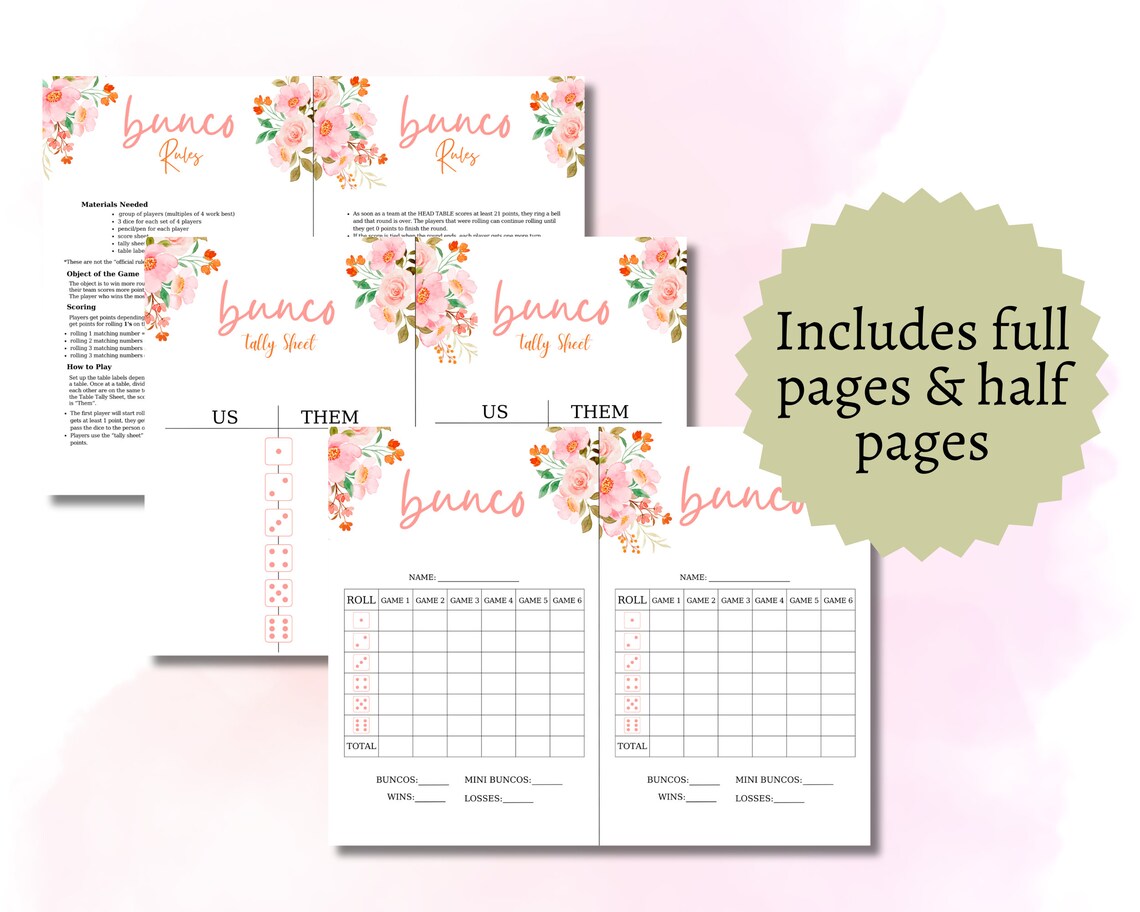 Spring Bunco Cards, Printable Floral Bunco Sheets, Includes Score Cards ...