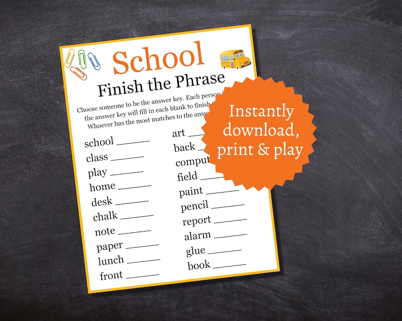 School Finish the Phrase Game, Printable Back to School Activity ...