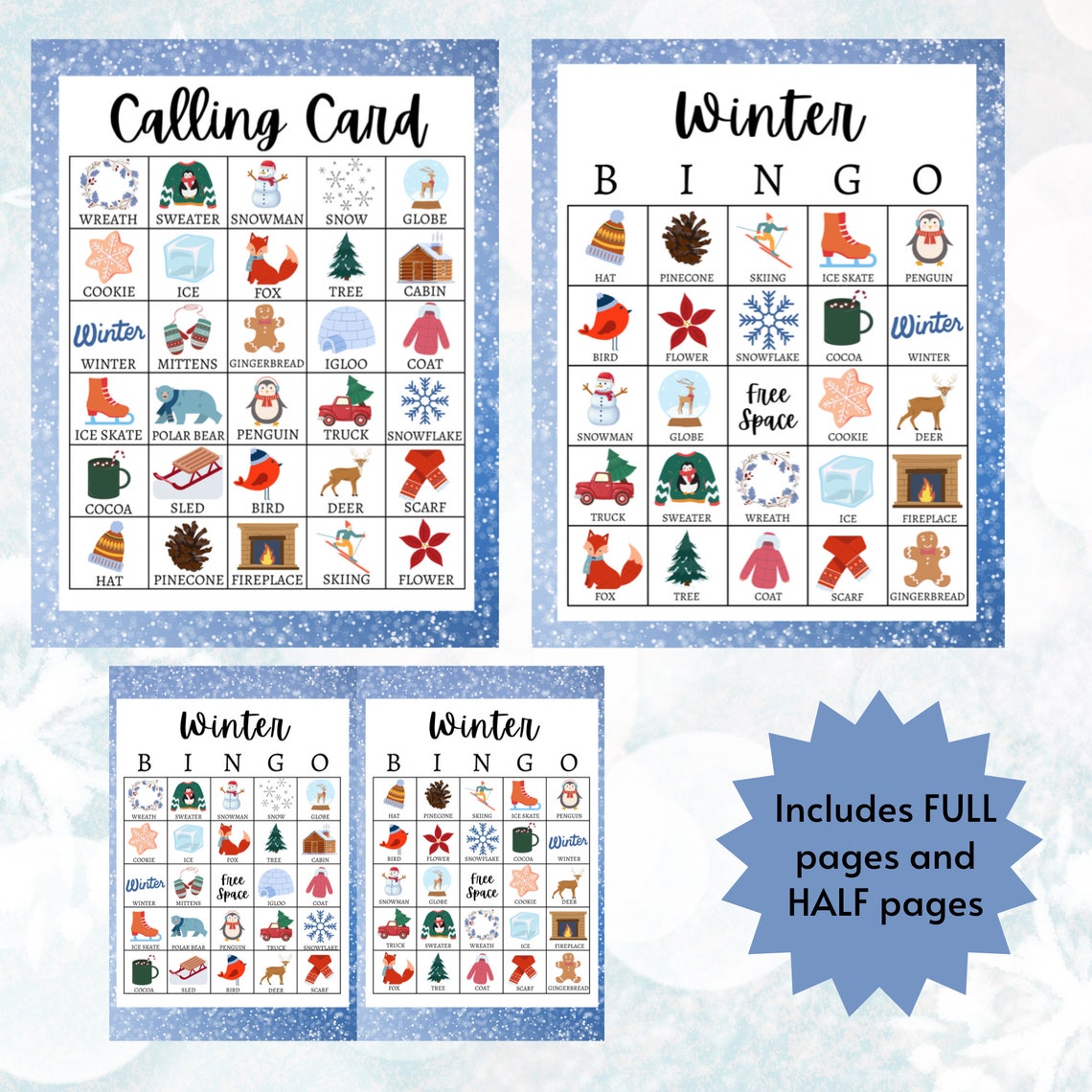 Winter Bingo Cards, Printable Wintertime Indoor Activity, Snow Themed ...