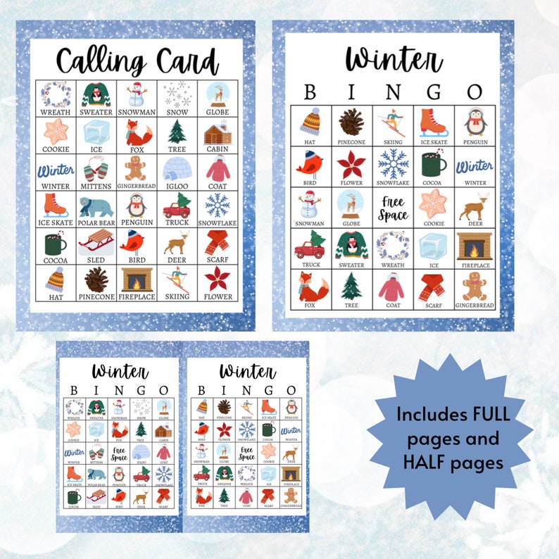 Winter Bingo Cards, Printable Wintertime Indoor Activity, Snow Themed ...