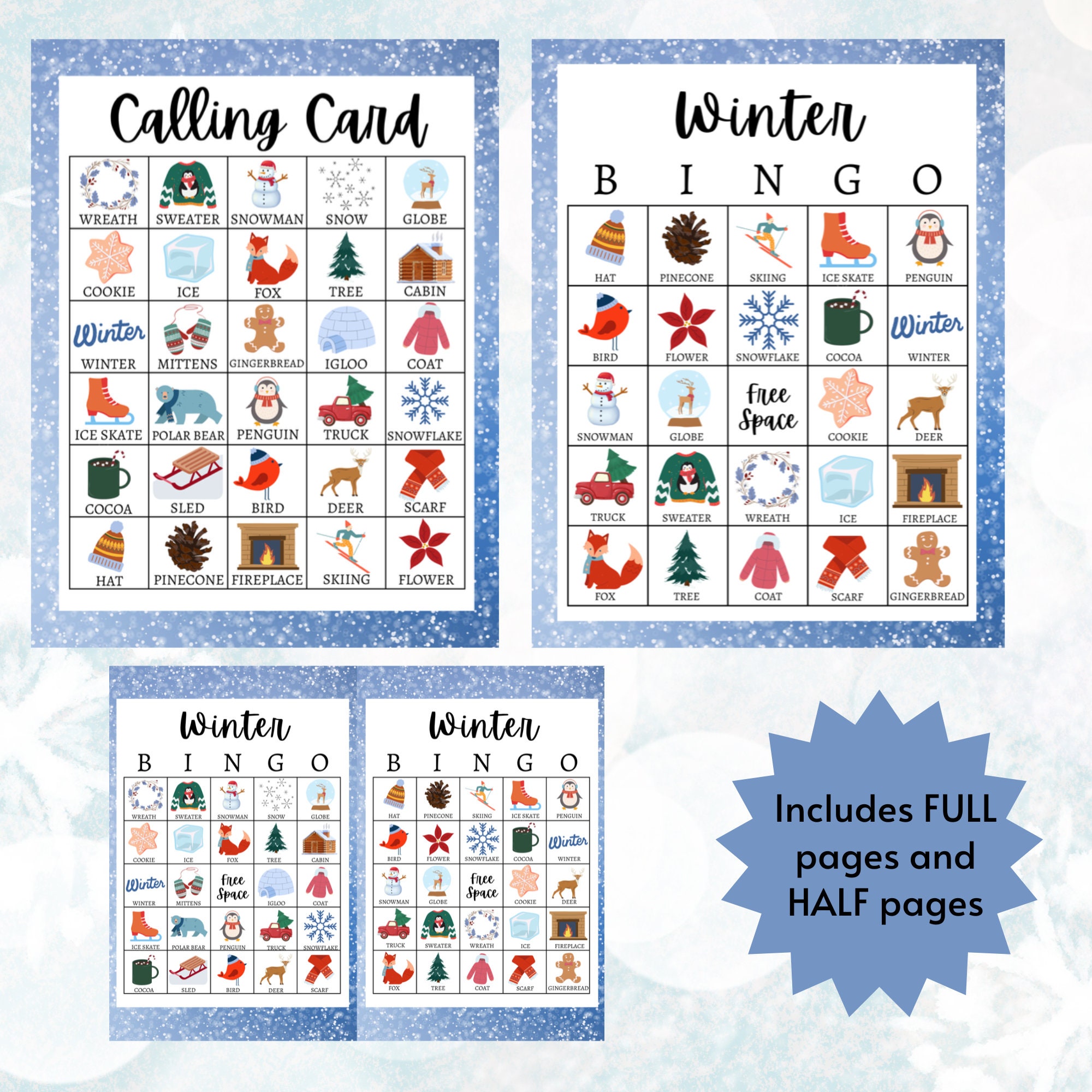Winter Bingo Cards, Printable Wintertime Indoor Activity, Snow Themed ...