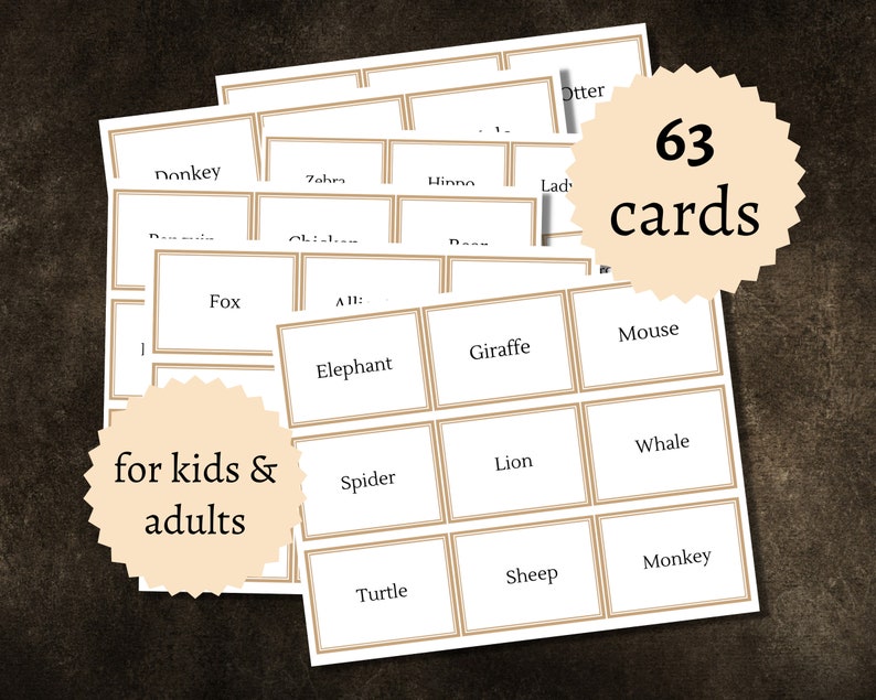 Animal Charades Cards, Printable Animal-themed Pictionary, Animal Party ...