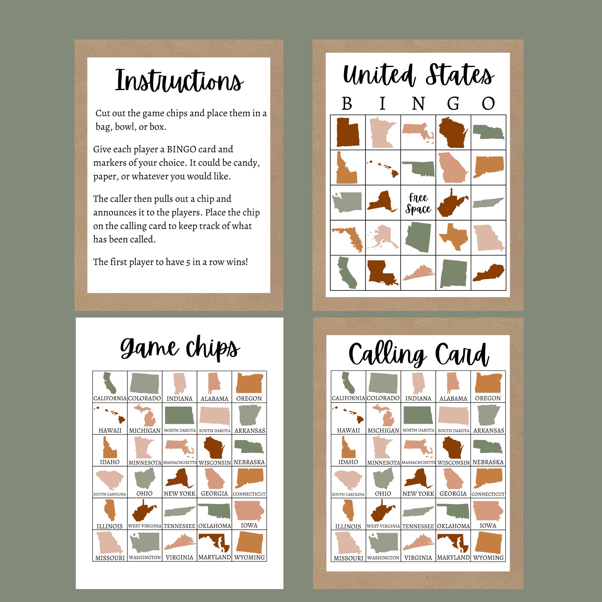 United States Bingo Cards, Printable States Learning Game for Kids ...