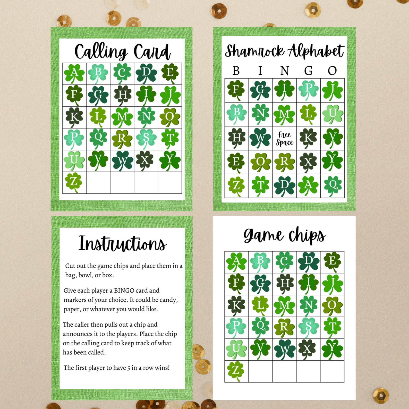 St. Patrick's Day Bingo Activity for Little Kids, Shamrock Alphabet ...