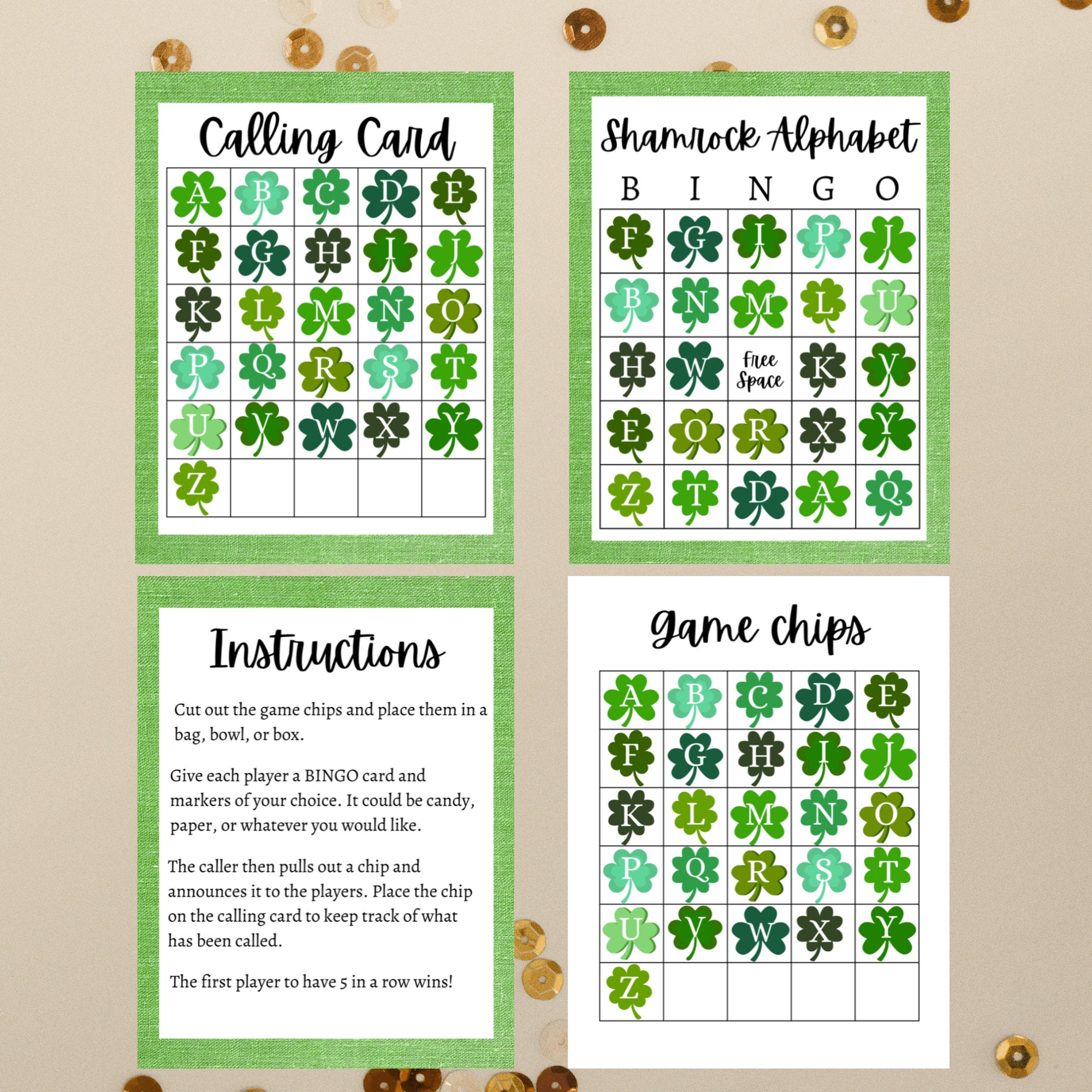 St. Patrick's Day Bingo Activity for Little Kids, Shamrock Alphabet ...