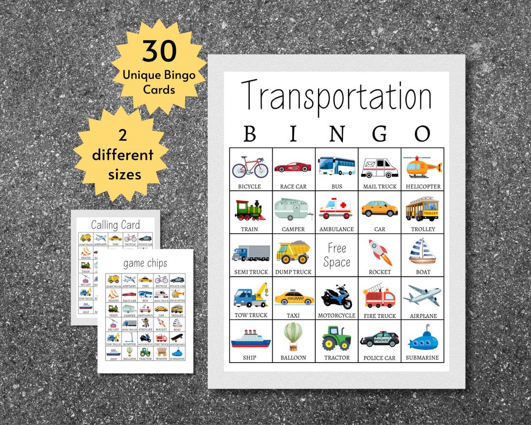 Transportation Bingo Cards, Printable Learning Activity for Kids ...
