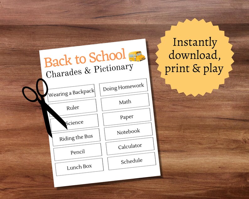 Back to School Charades, Printable Classroom Pictionary Cards, School ...