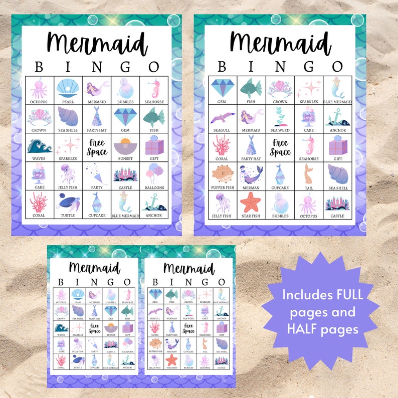Mermaid Bingo Cards, Under the Sea Birthday Party Game for Kids, Ocean ...