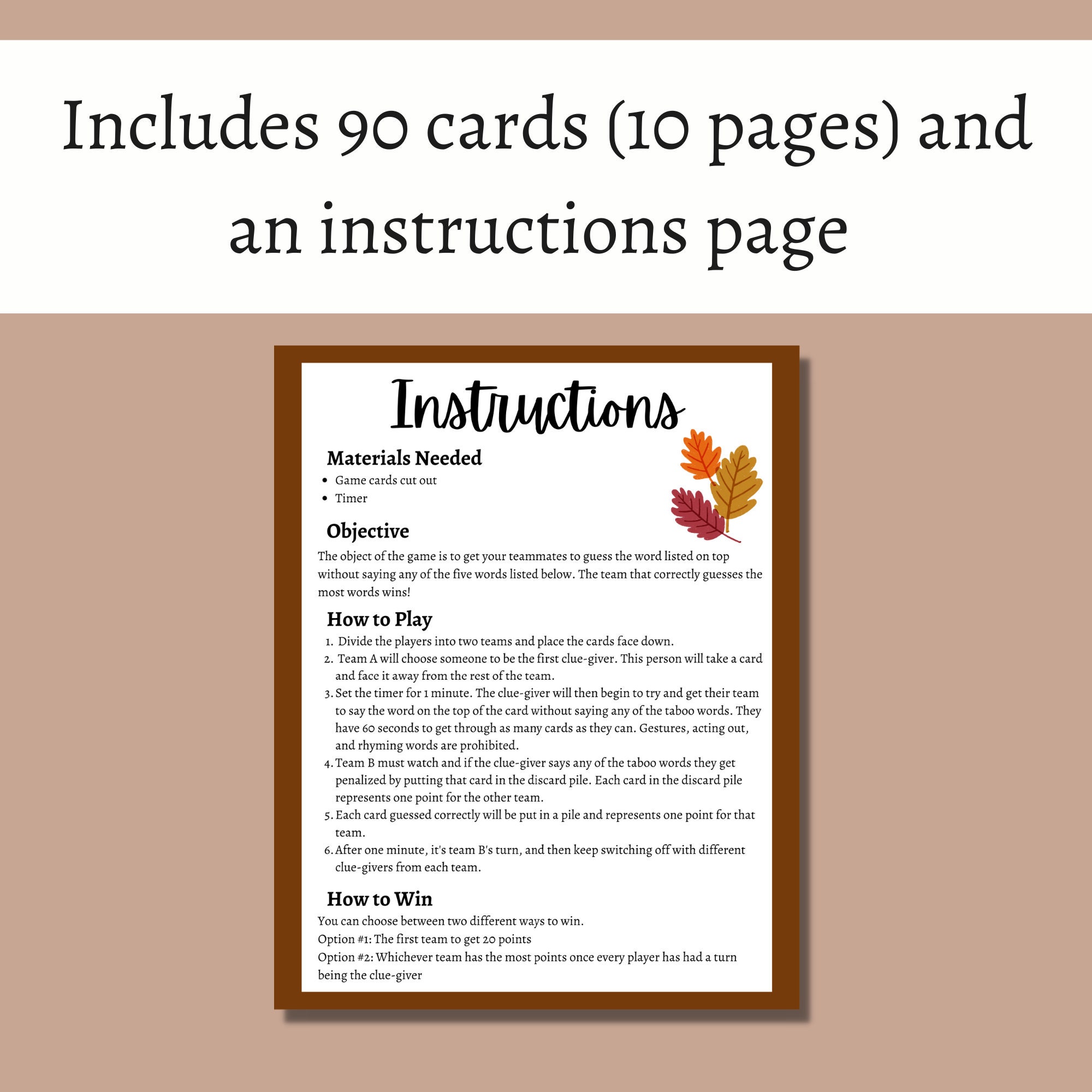 Fall Taboo Game, Printable Thanksgiving Activity, Autumn Party Game for ...