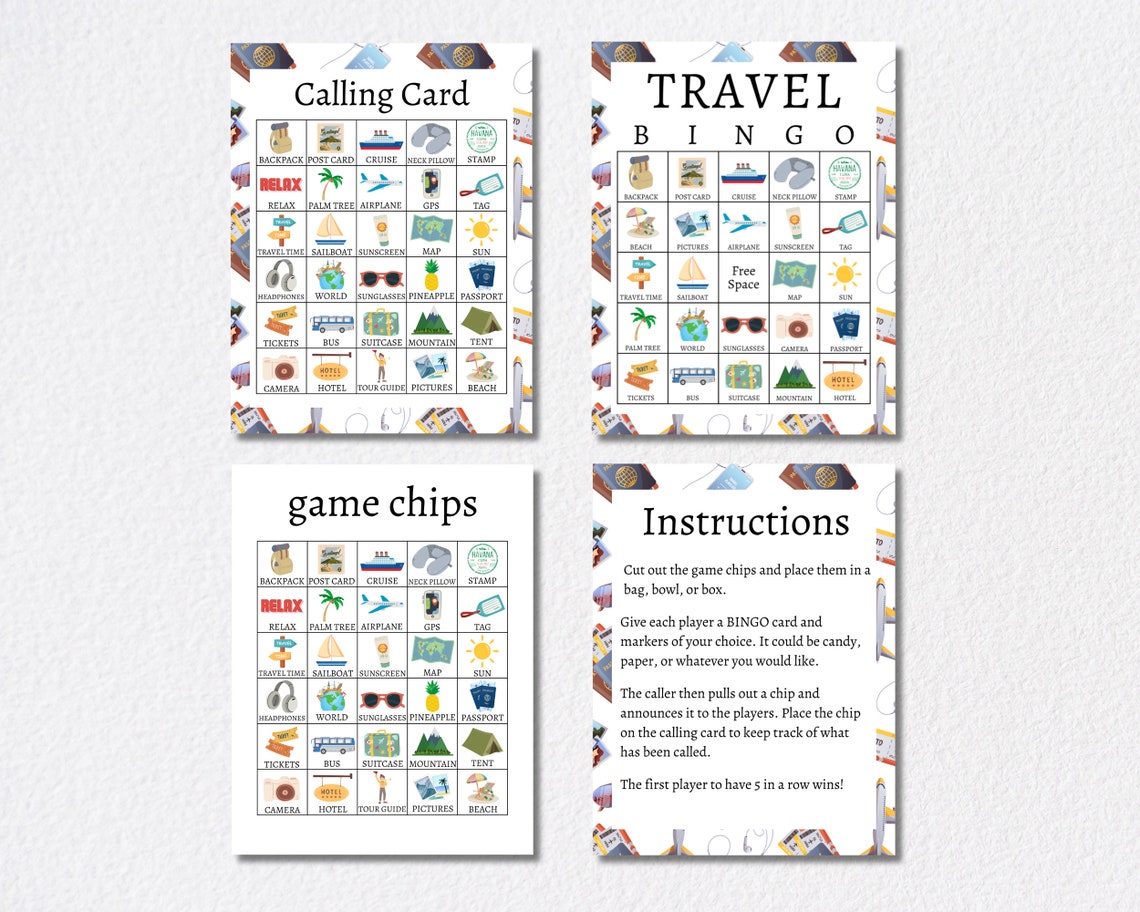 Travel Bingo Cards, Printable Travel and Tourism Party Game for Kids ...