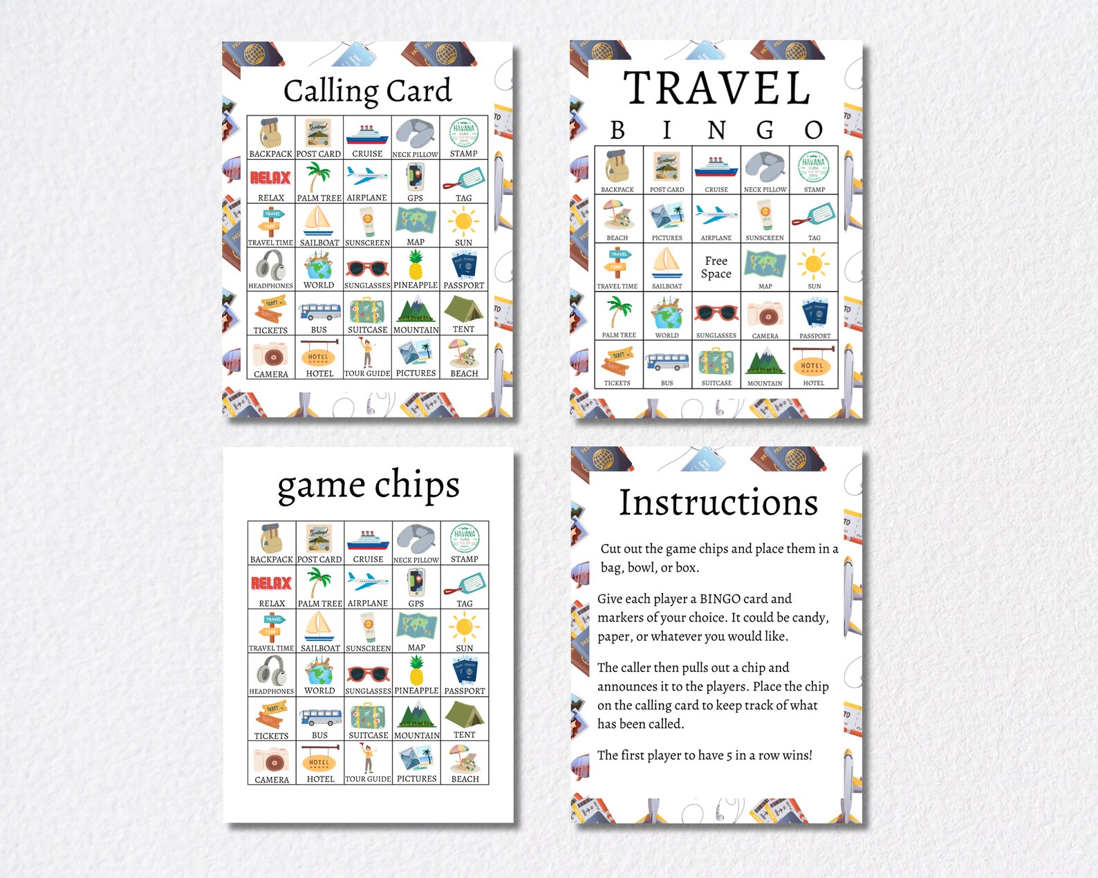 Travel Bingo Cards, Printable Travel and Tourism Party Game for Kids ...