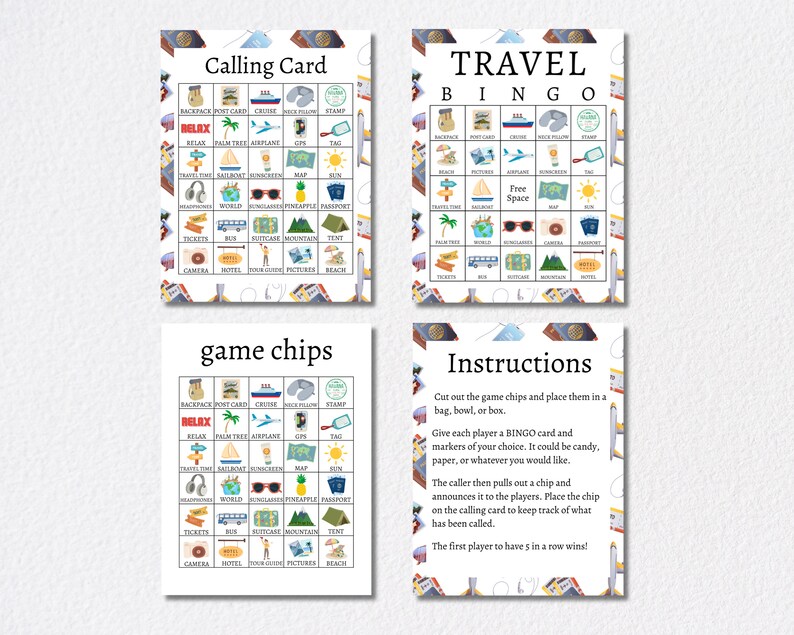 Travel Bingo Cards, Printable Travel and Tourism Party Game for Kids ...