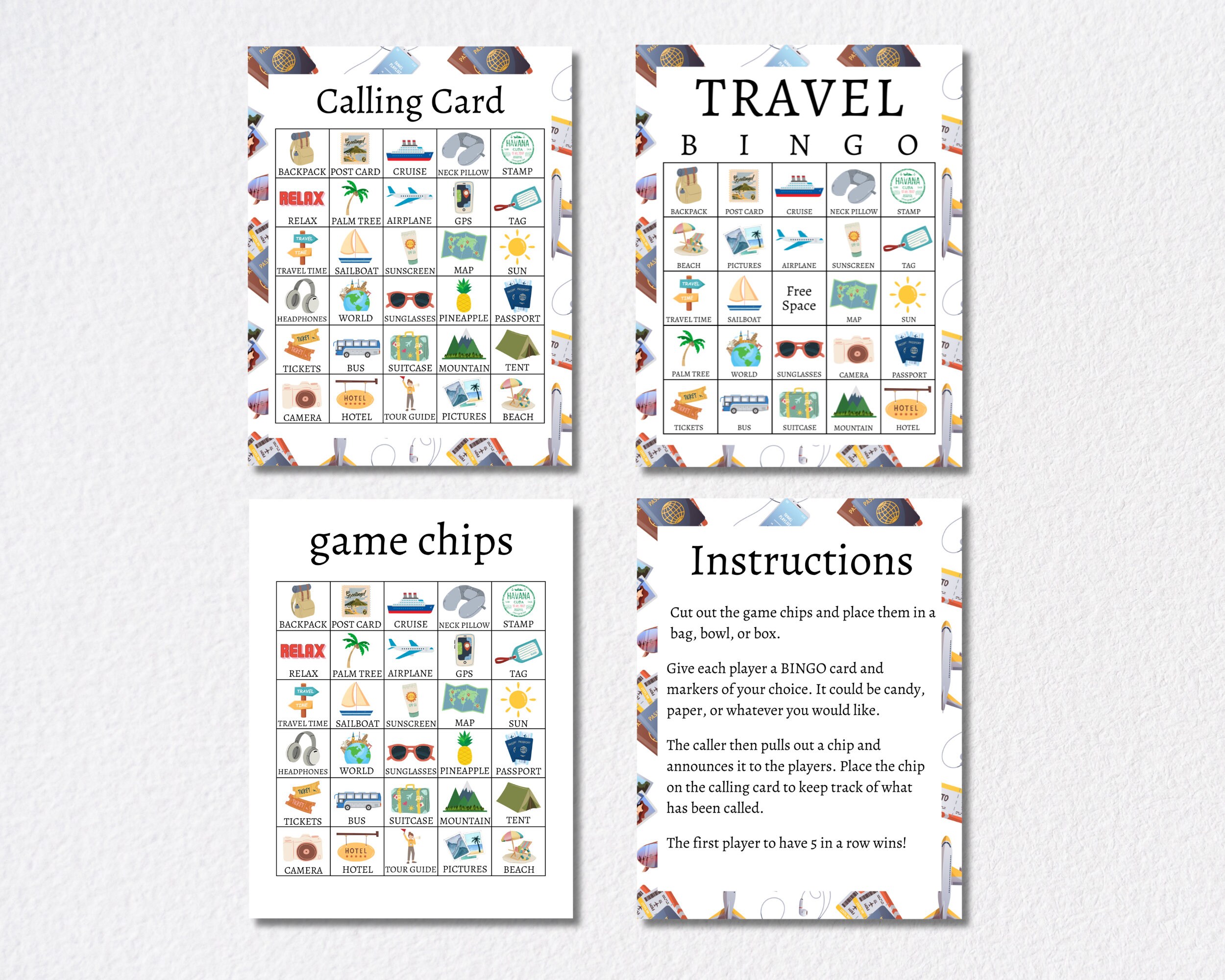 Travel Bingo Cards, Printable Travel and Tourism Party Game for Kids ...