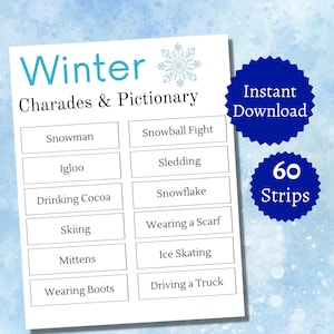 Winter Charades Game, Printable Pictionary Cards, Wintertime Activity ...