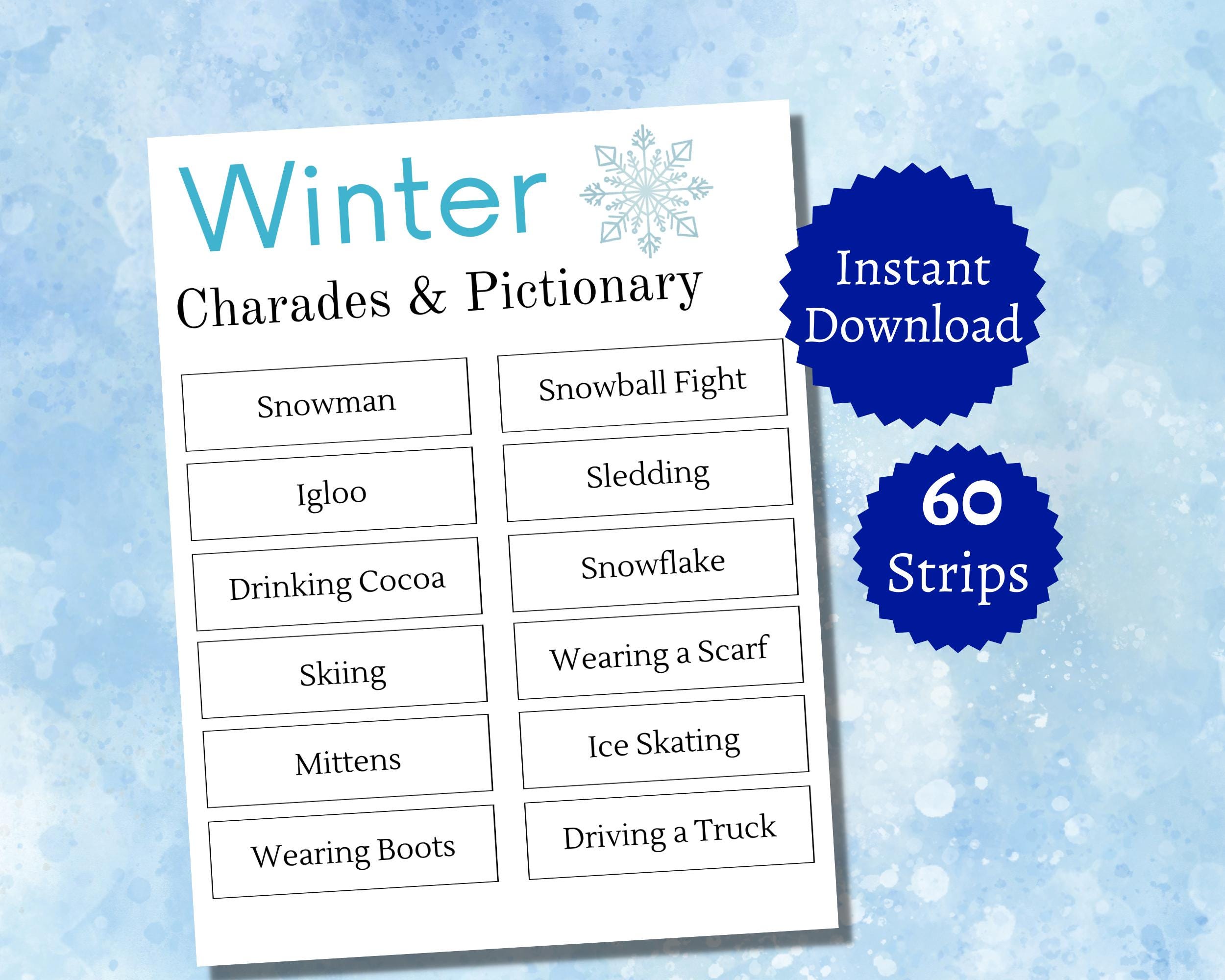 Winter Charades Game, Printable Pictionary Cards, Wintertime Activity ...