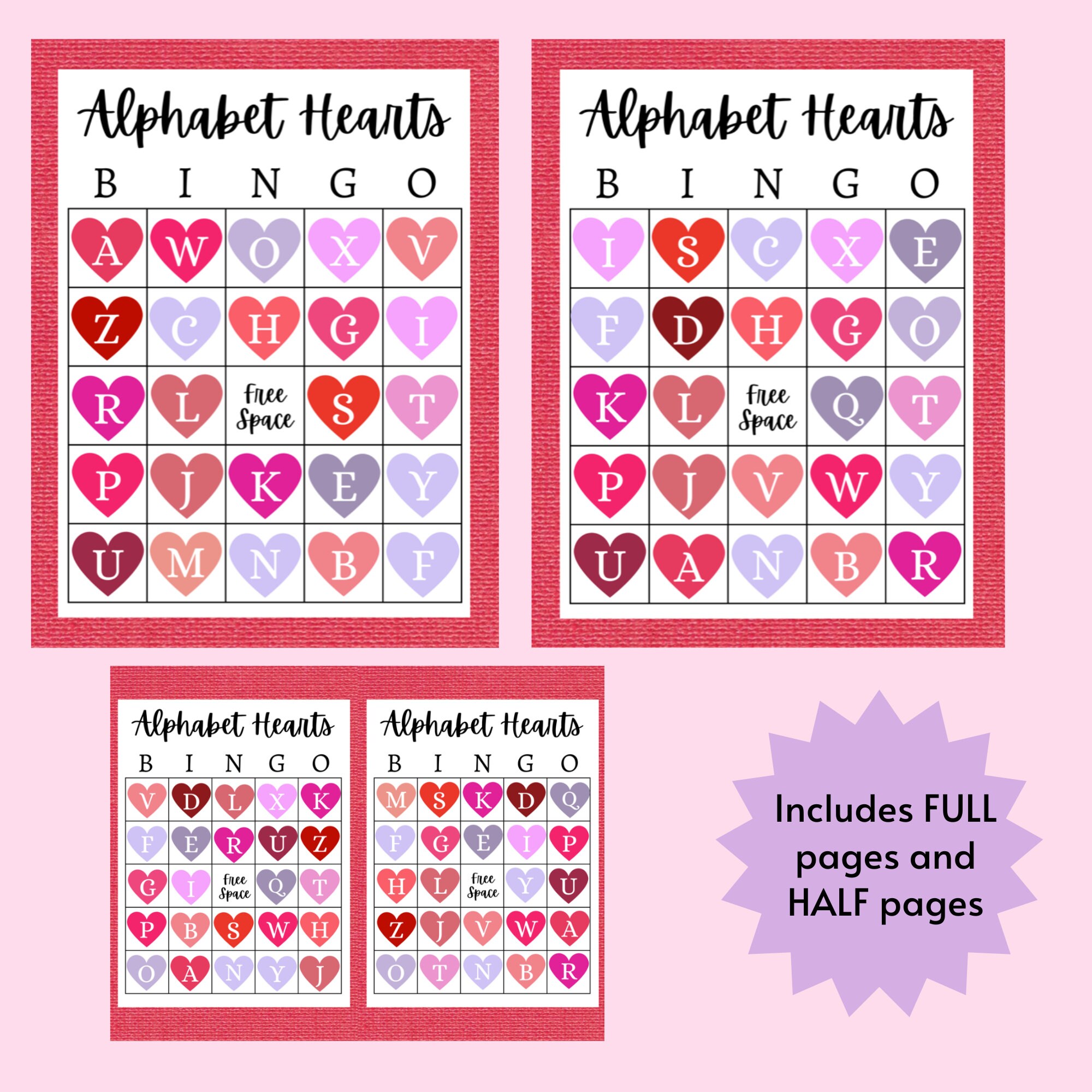 Valentine's Day Bingo Cards for Little Kids, Printable Alphabet Hearts ...