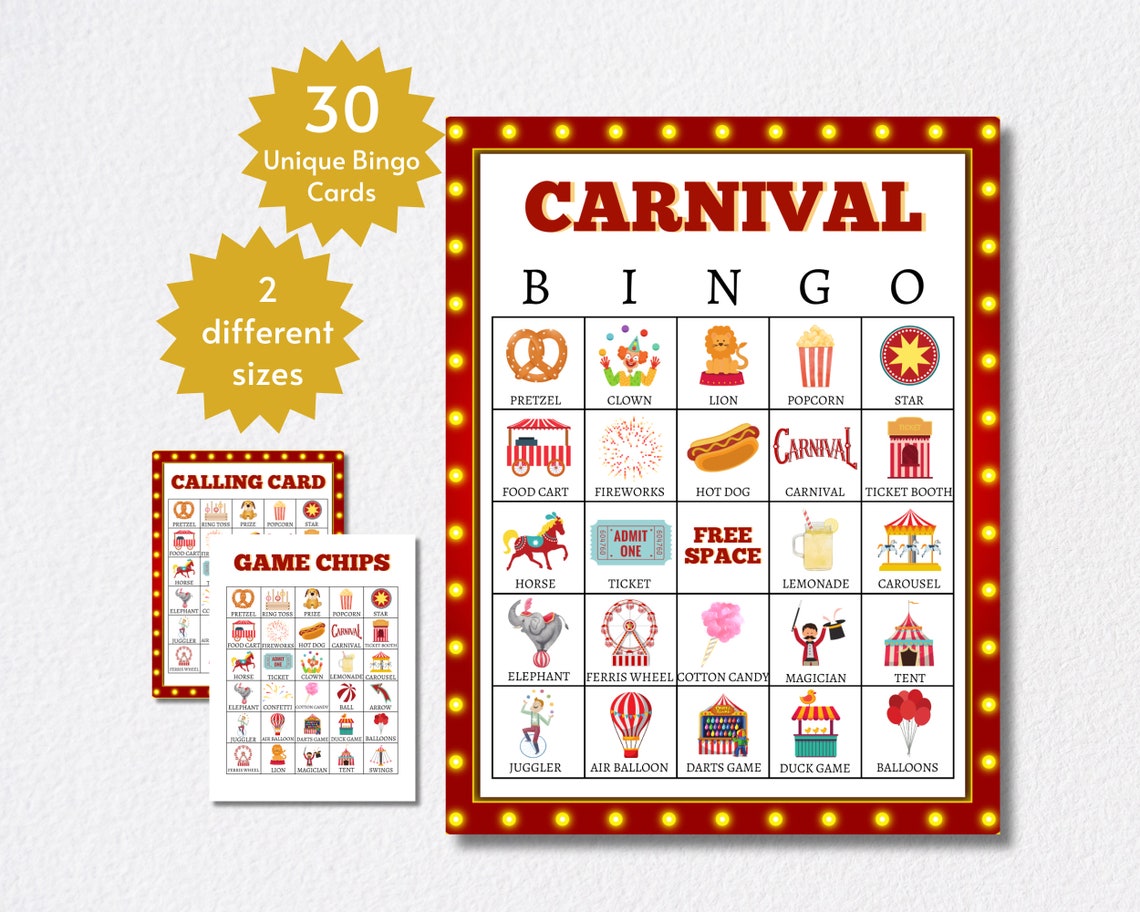 Carnival Bingo Cards, Printable Circus Party Game, Includes Full and ...