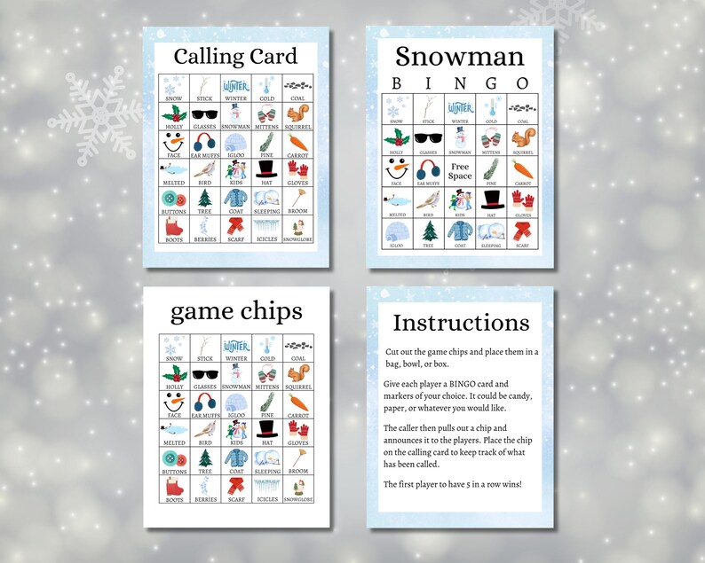 Snowman Bingo Cards, Printable Winter Party Game, Group Christmas ...