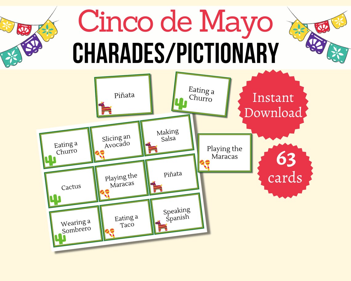 Cinco De Mayo Pictionary Cards, Printable Fiesta Party Game, Mexican ...