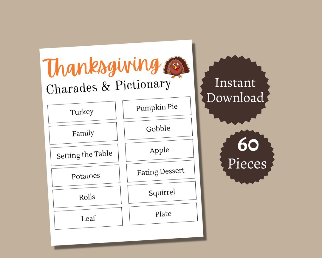 Thanksgiving Charades, Printable Fall Pictionary, Holiday Family Party ...