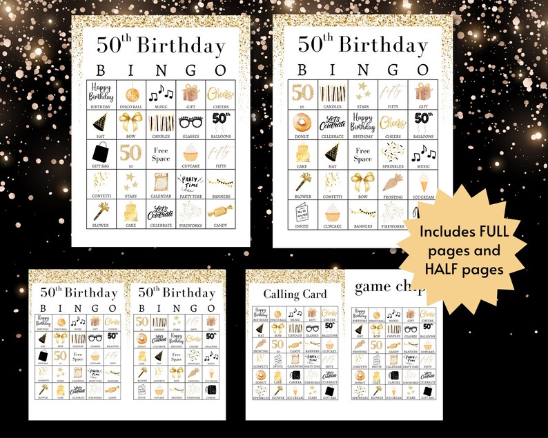 50th Birthday Bingo Cards, Printable 50th Birthday Party Game for Groups, Black and Gold Themed ...