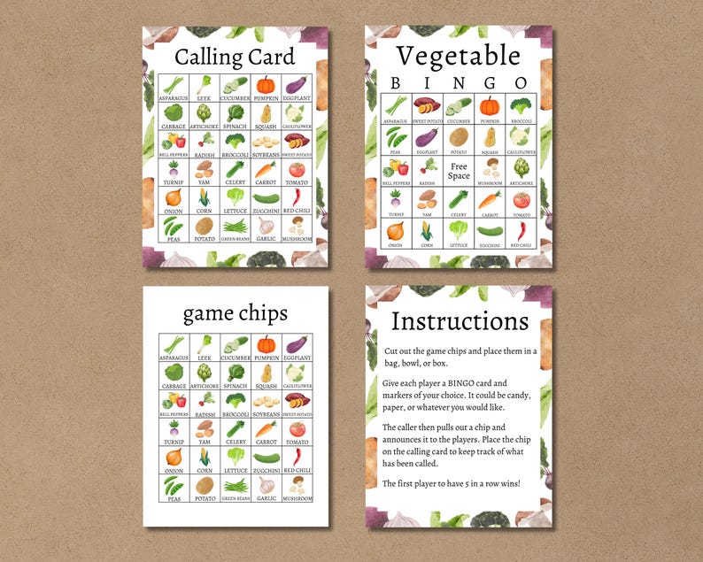 Vegetable Bingo Cards, Printable Vegetable Party Game for Kids, Teens ...