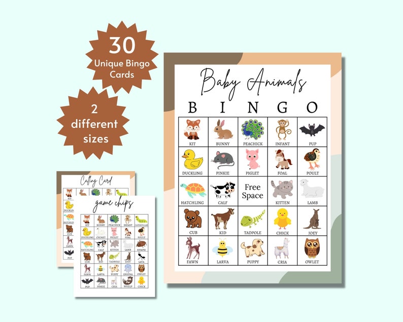 Baby Animals Bingo Cards, Printable Baby Shower Party Game for Kids ...