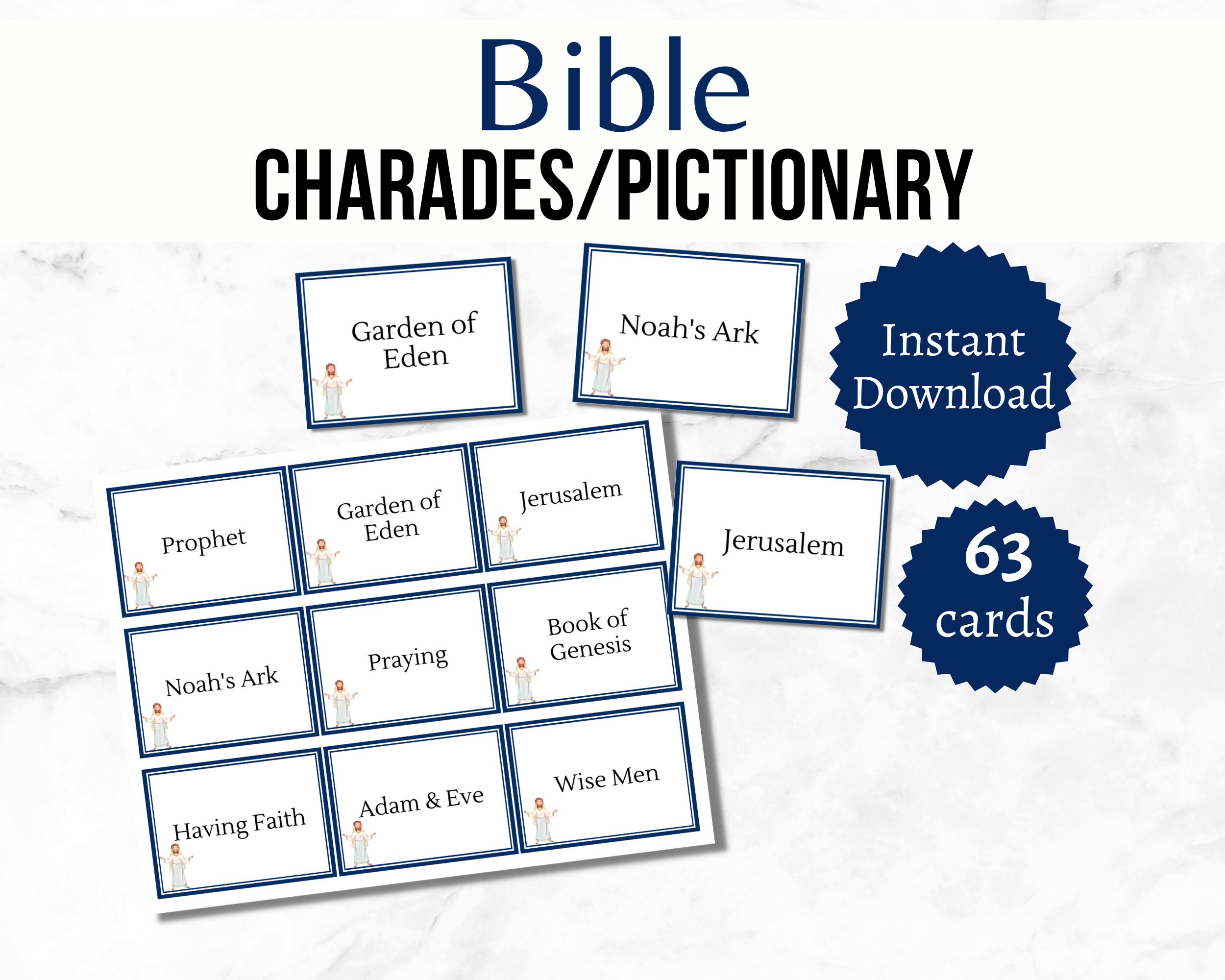 Bible Charades, Printable Bible Pictionary Cards, Christian Party Game ...