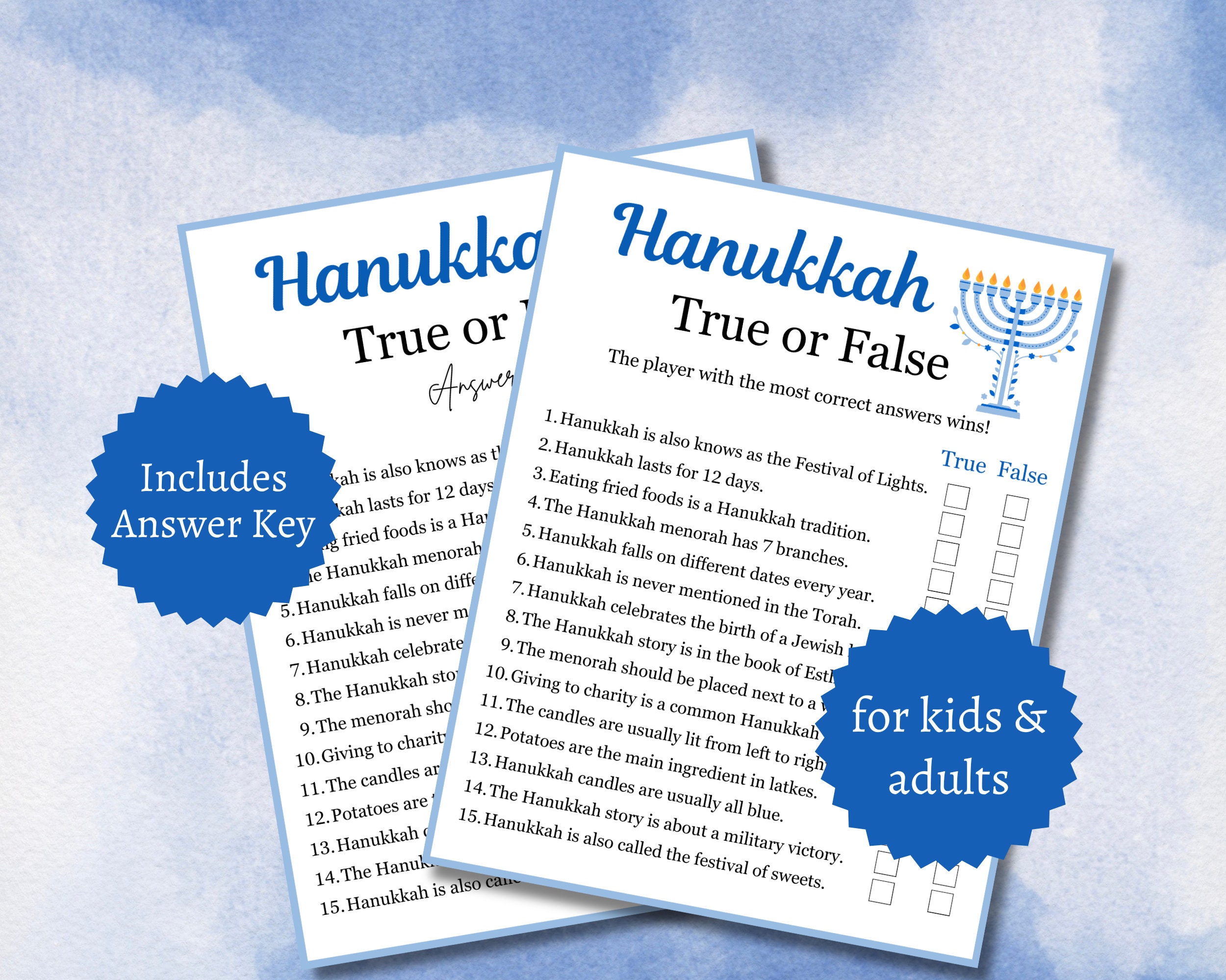 Hanukkah True or False Game, Printable Hanukkah Trivia Activity for ...